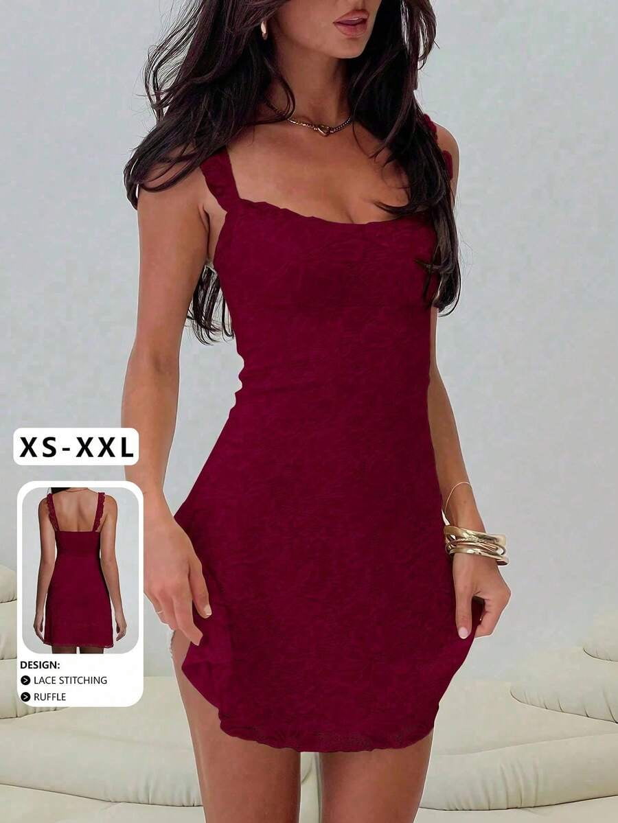Burgundy Lace Ruffle Strap Square Neck Sleeveless Slim Fit Mini Dress ...
