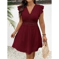 Burgundy Lace V-Neck A-Line Swing Dress With Ruffle Sleeves And Waist ...