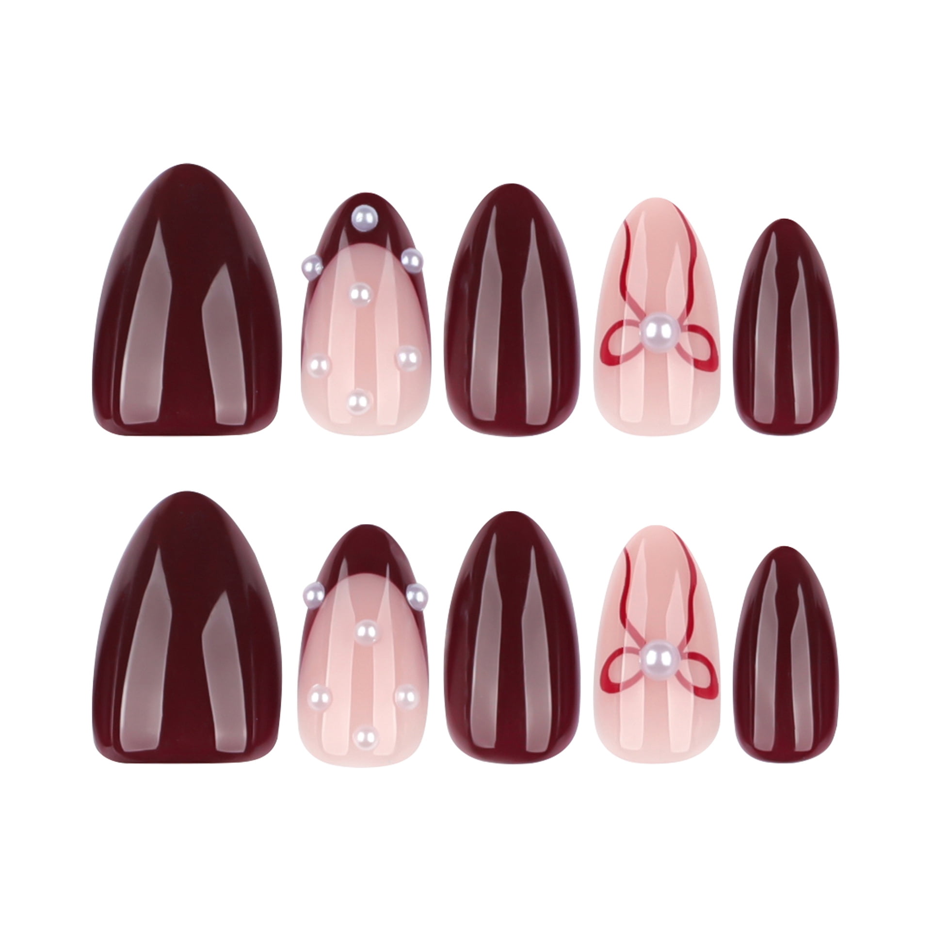 Burgundy Light Pink Mixed Color Pearl Accent Bow Design Press on Nails ...