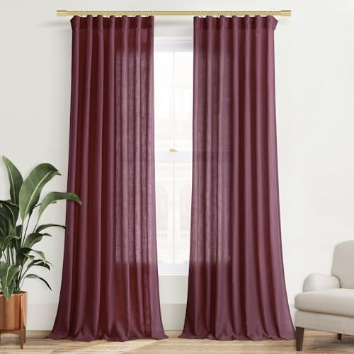 Burgundy Linen Semi Sheer Curtains 108 Inches Length Light Filtering ...