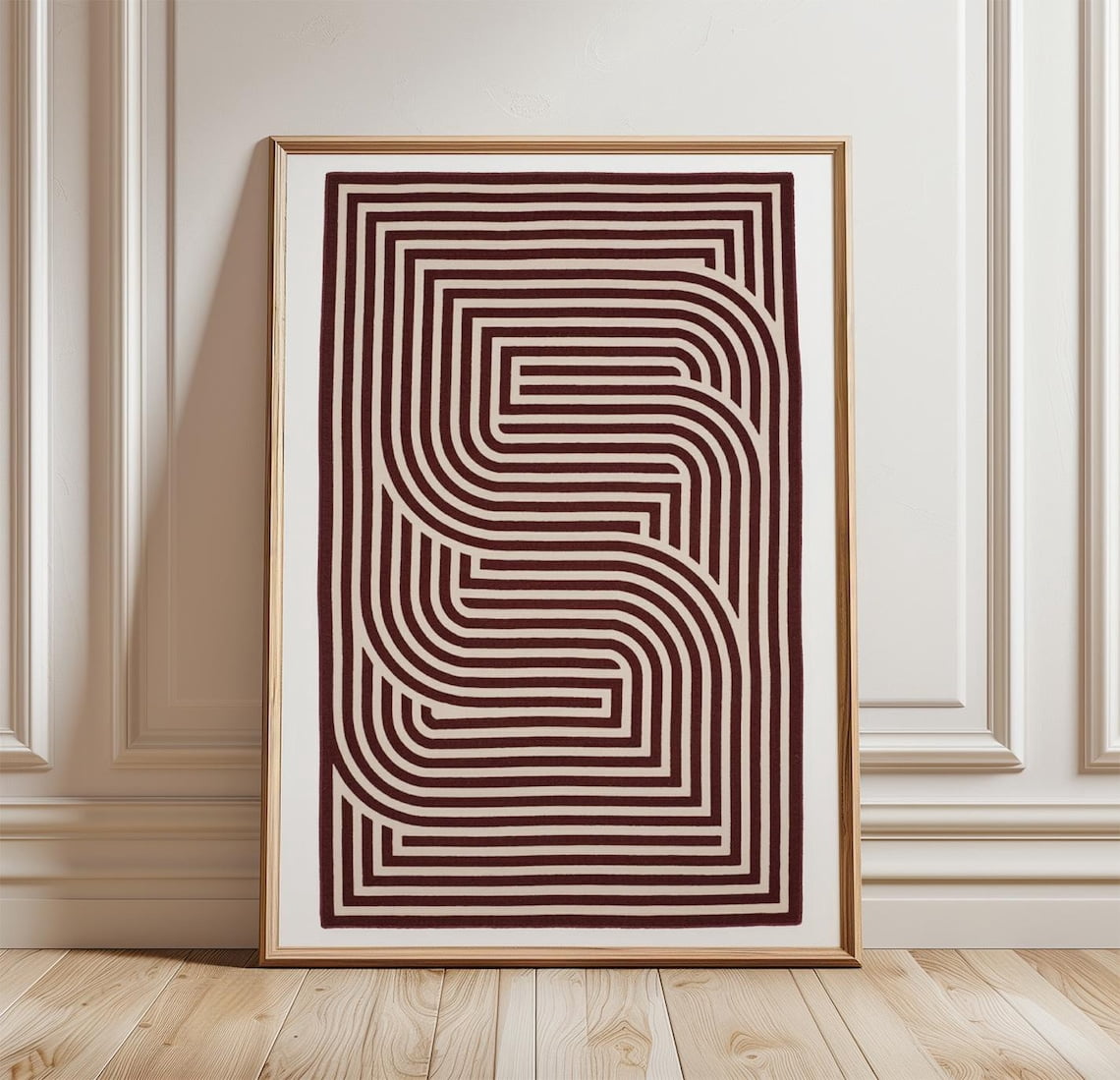 Burgundy Maze Minimal Geometric Abstract Line Art Wall Decor Unframed ...