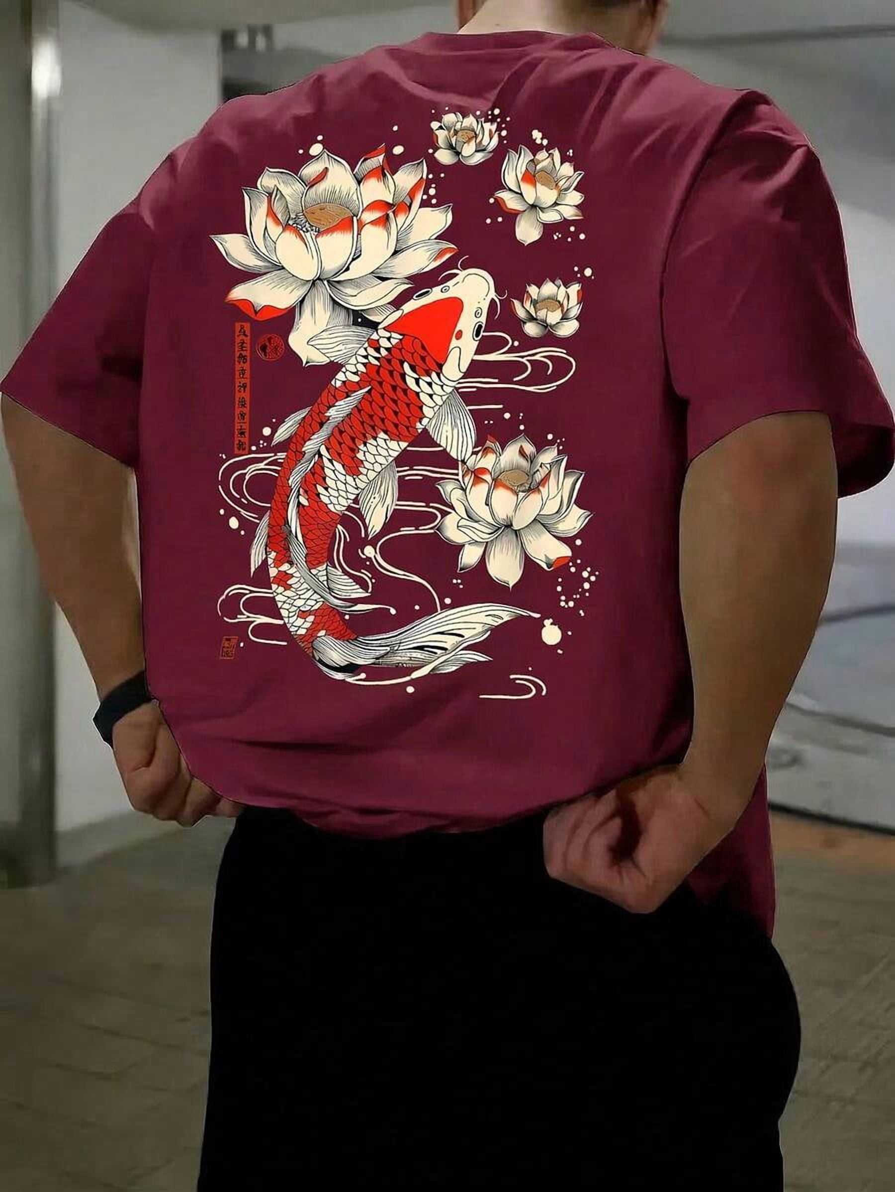 Burgundy Mens Loose Fit Graphic T-Shirt With Koi Fish And Lotus Print ...
