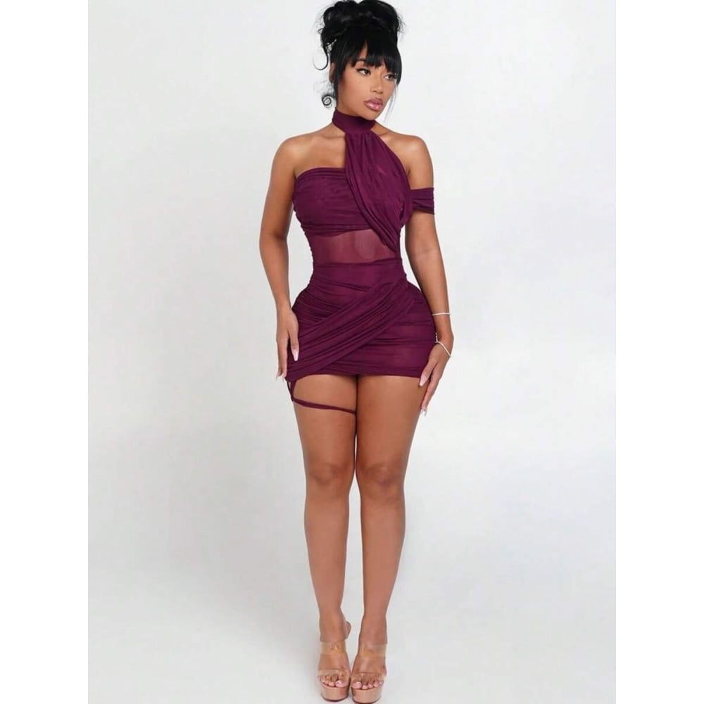 Burgundy Mesh Splicing Cross Wrap Ruched Bodycon Mini Dress With ...