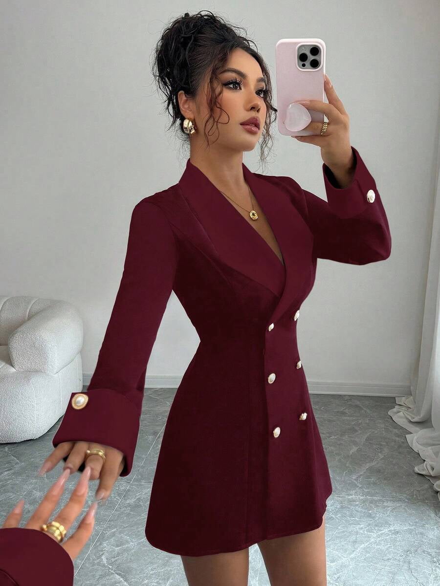 Burgundy Minimalist High-End Woven Long Sleeve Open Front Double ...