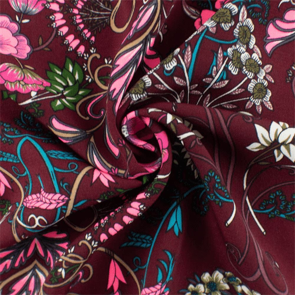 Burgundy/Multi Floral Print Polyester Challis, Fabric By the Yard ...