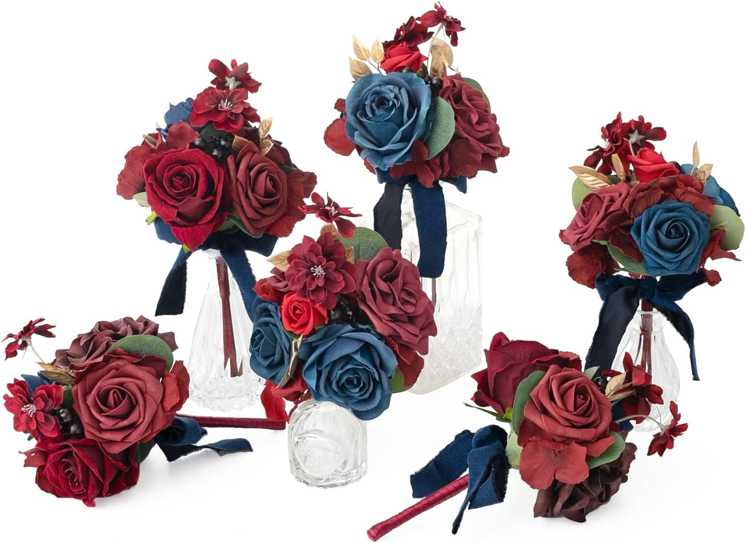 Burgundy & Navy Wedding Flowers Mini Bridesmaid Bouquets Maroon Rose ...