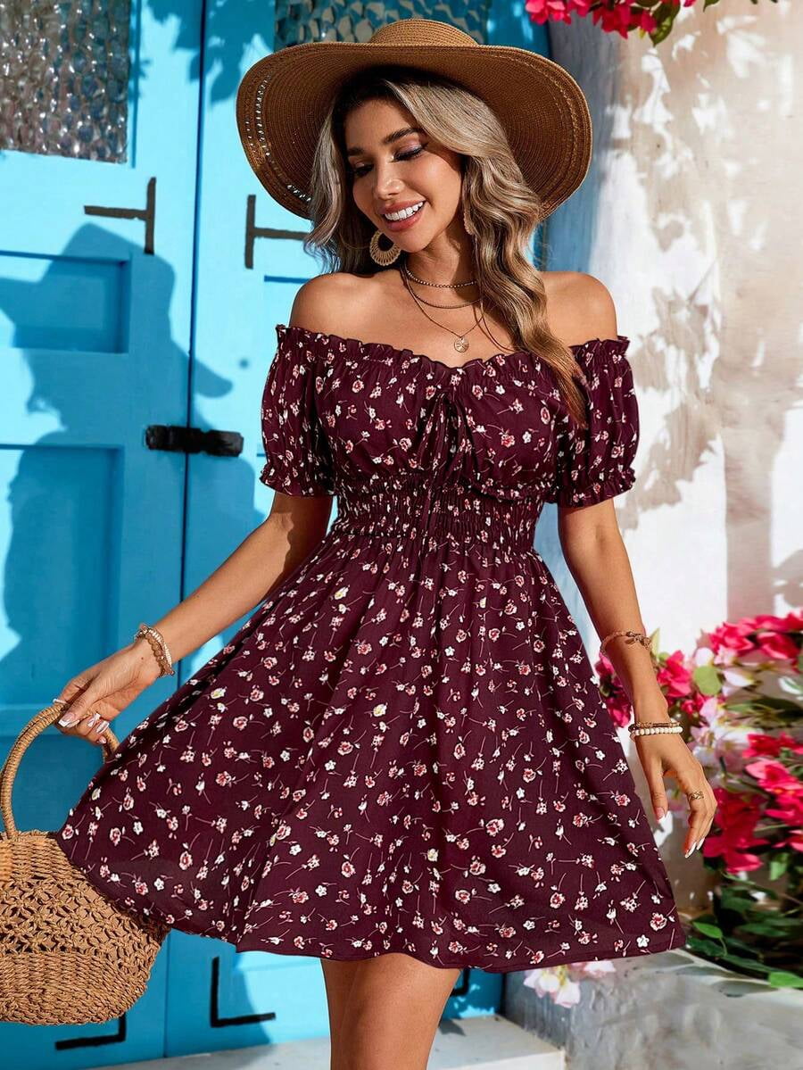 Burgundy Off Shoulder Floral Ruffle Trim High Waist A-Line Sundress For ...