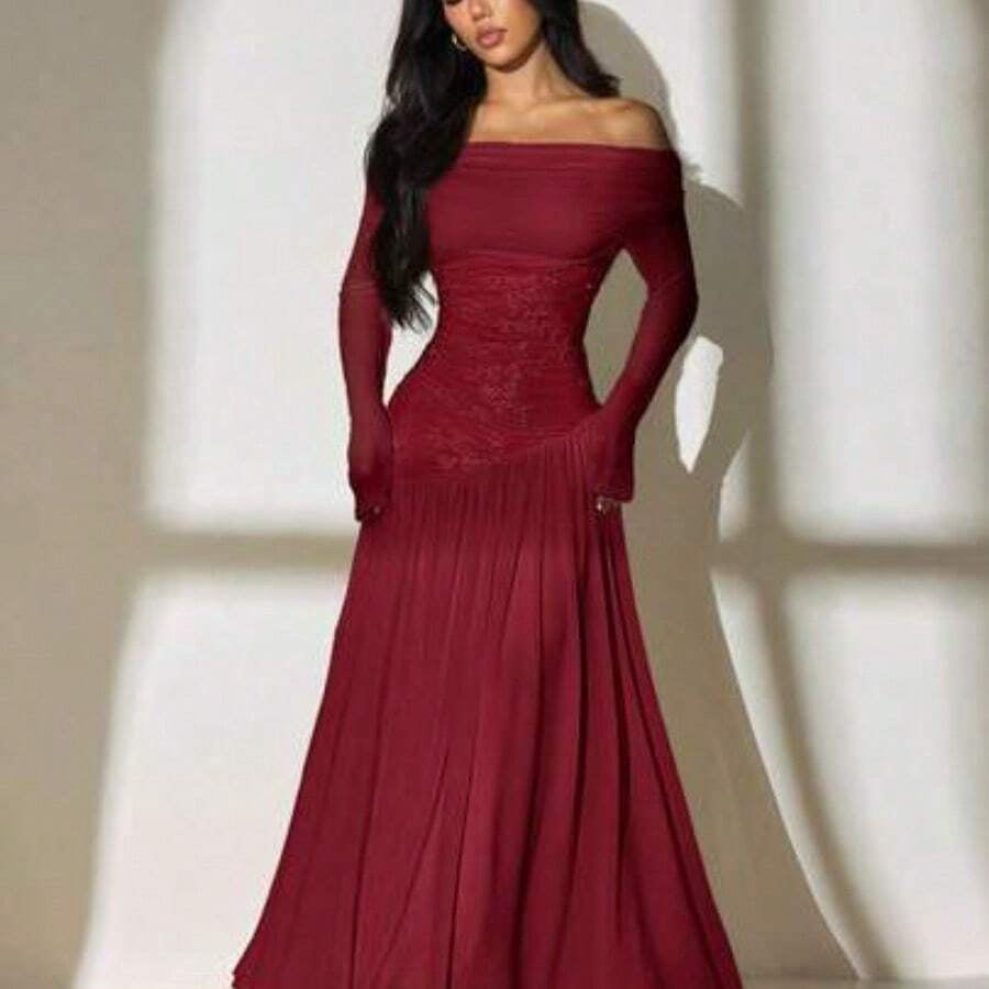 Burgundy Off-Shoulder Long-Sleeved Ruched Mesh Spliced Asymmetrical Hem ...