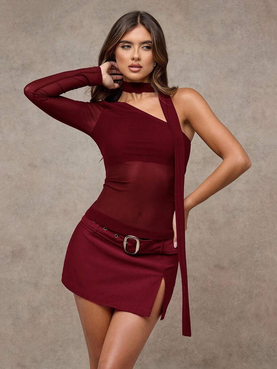 Burgundy One Shoulder Long Sleeve Mesh Sheer Fitted Top With ...