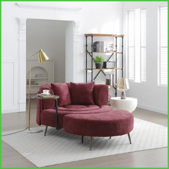 Burgundy Oversize Barrel Chair with Ottoman & Movable Side Table, Extra ...
