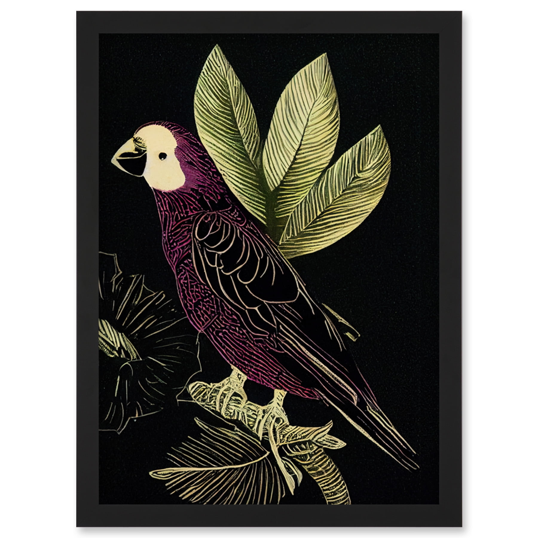 Burgundy Parrot Leaves Tree Branch on Black Vintage Linocut ...