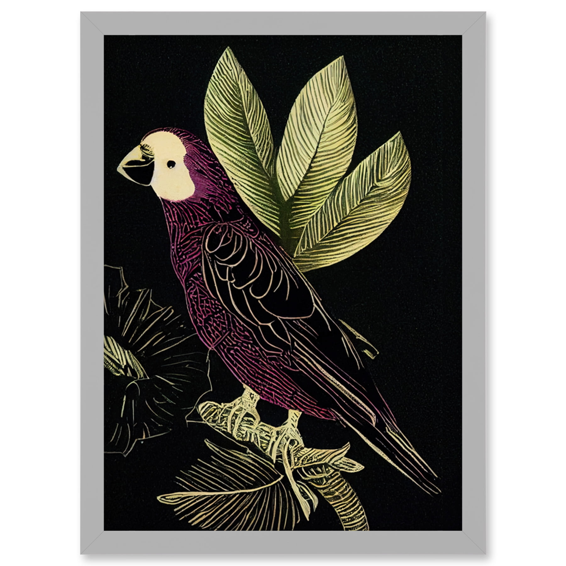 Burgundy Parrot Leaves Tree Branch on Black Vintage Linocut ...