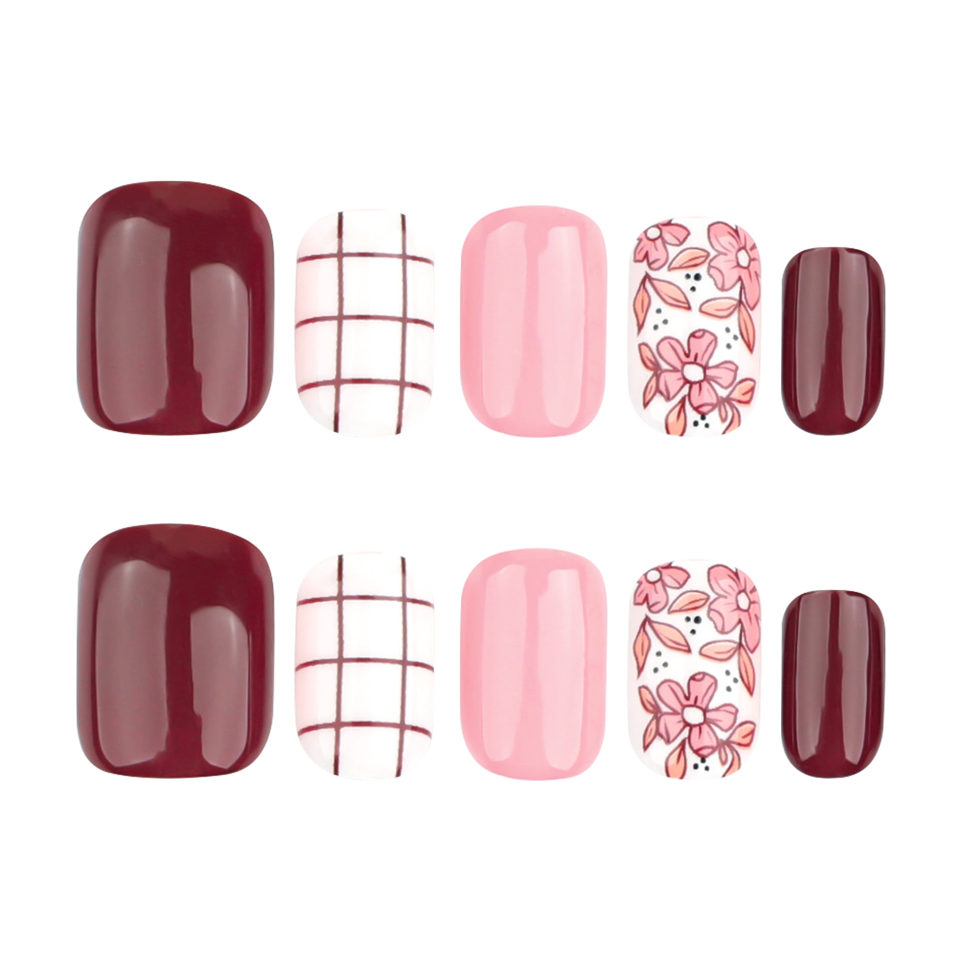 Burgundy Pink White Grid Floral Mixed Patterns Press on Nails, Short ...