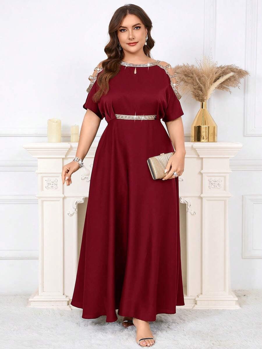 Burgundy Plus Size Elegant Off-Shoulder Maxi Dress With Rhinestone Trim ...