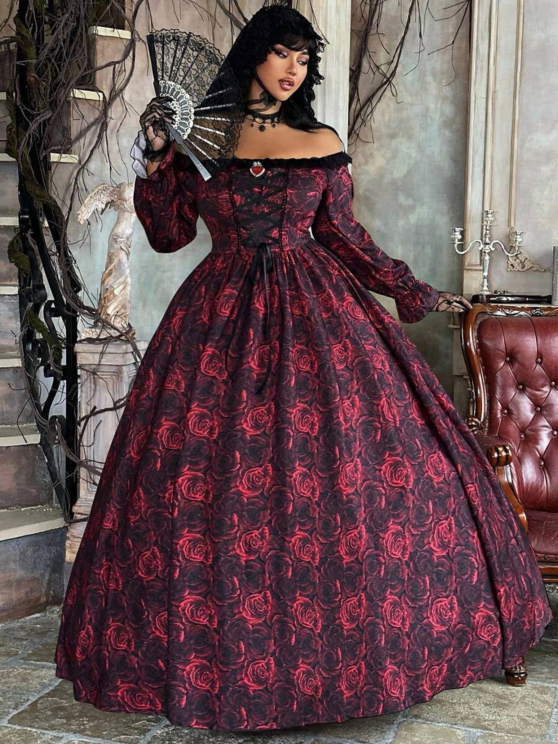 Burgundy Plus Size Off Shoulder Long Sleeve A-Line Rose Print Vintage ...