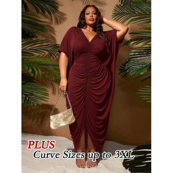 Burgundy Plus Size Ruched V-Neck Maxi Dress With Front Slit, Relaxed ...