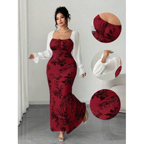 Burgundy Plus Size Square Neck Chiffon Puff Sleeve Floral Maxi Dress ...