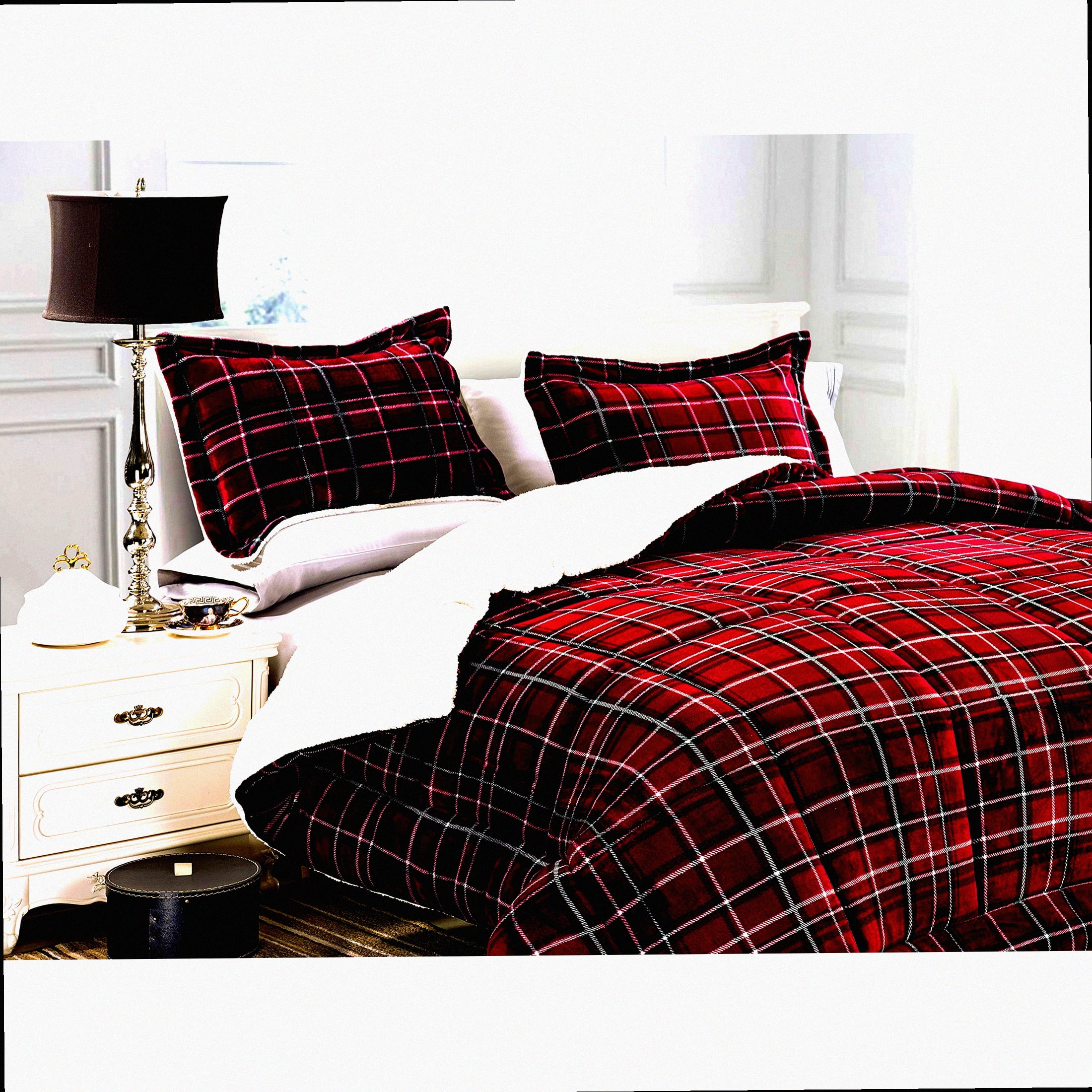 Burgundy Plush Comforter Set - Luxe Sherpa Micro-Suede - Cozy Plaid ...