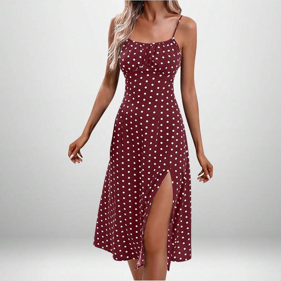 Burgundy Polka Dots Women Spaghetti Strap Midi Dress With Sweetheart ...