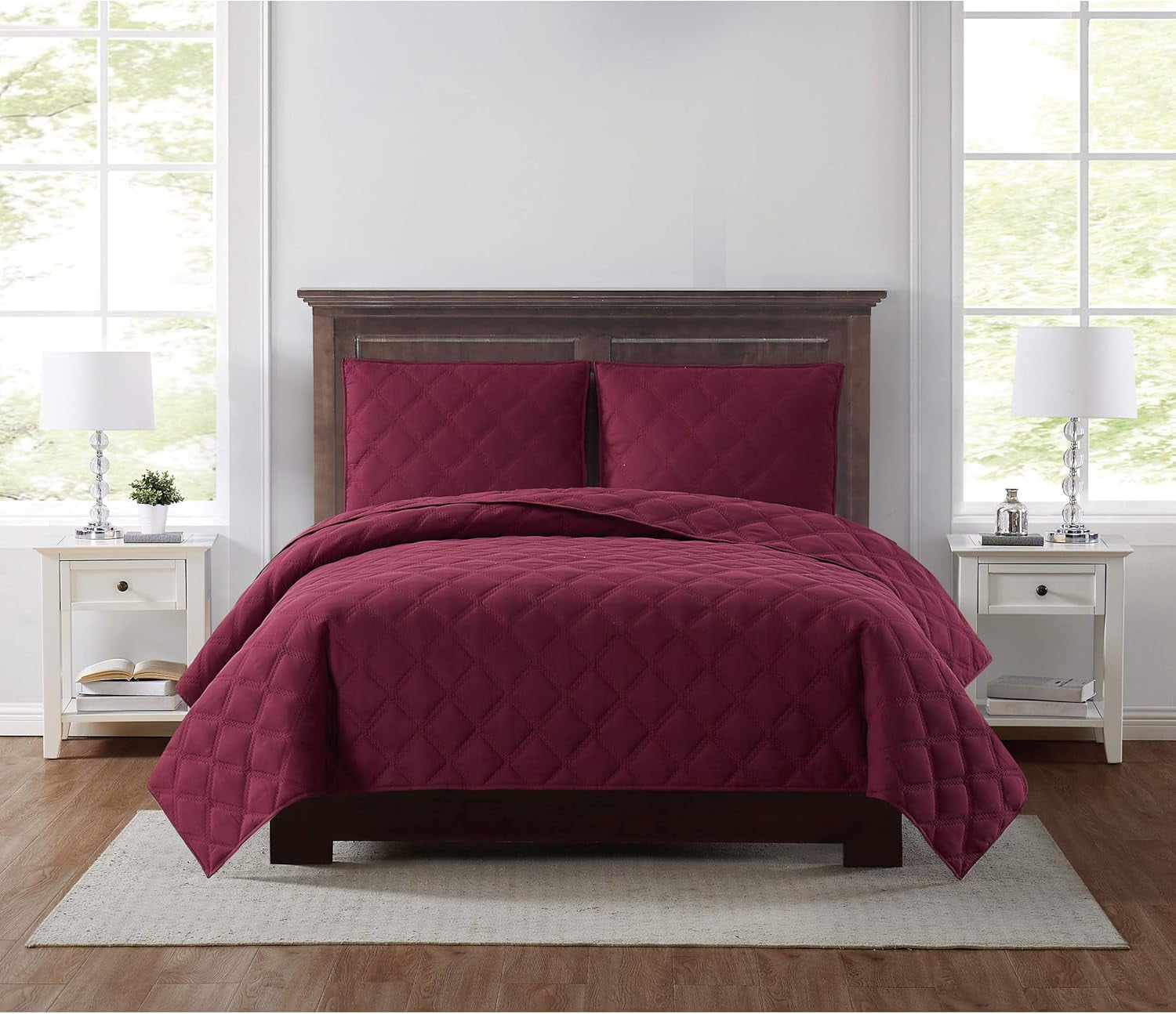 Burgundy Polyester 3D Puff 3-Piece King Quilt Set, Solid Color Theme ...