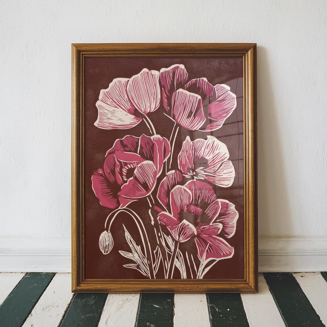 Burgundy Poppy Modern Floral Art Minimalist Botanical Contemporary ...