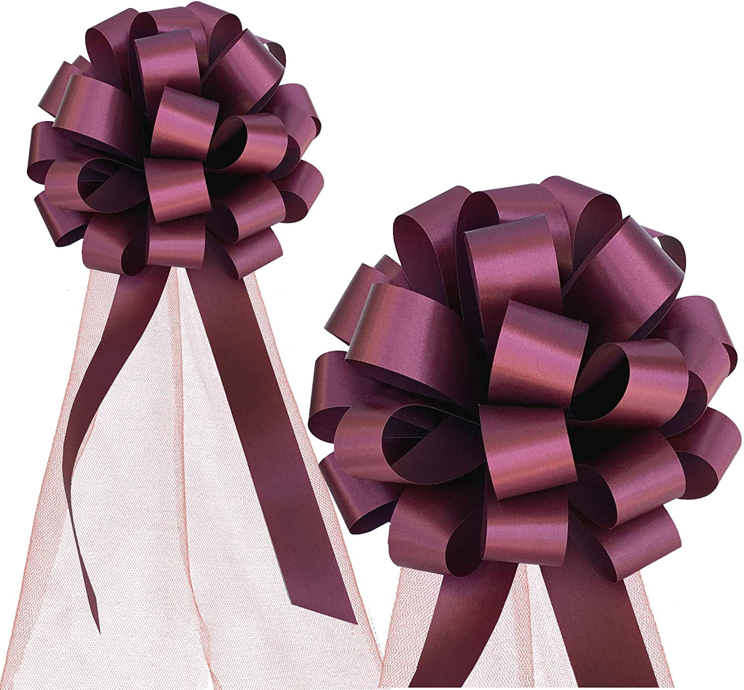 Burgundy Pull Bows with Tulle Tails - 8" Wide, Set of 6, Wedding ...