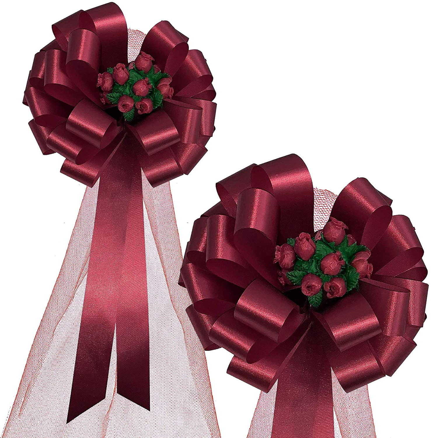 Burgundy Pull Bows with Tulle Tails and Rosebuds - 8" Wide, Set of 6 ...