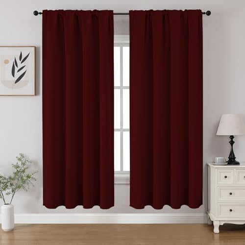 Burgundy Red Blackout Curtains 63 inch Length 2 Panels Set, Rod Pocket ...
