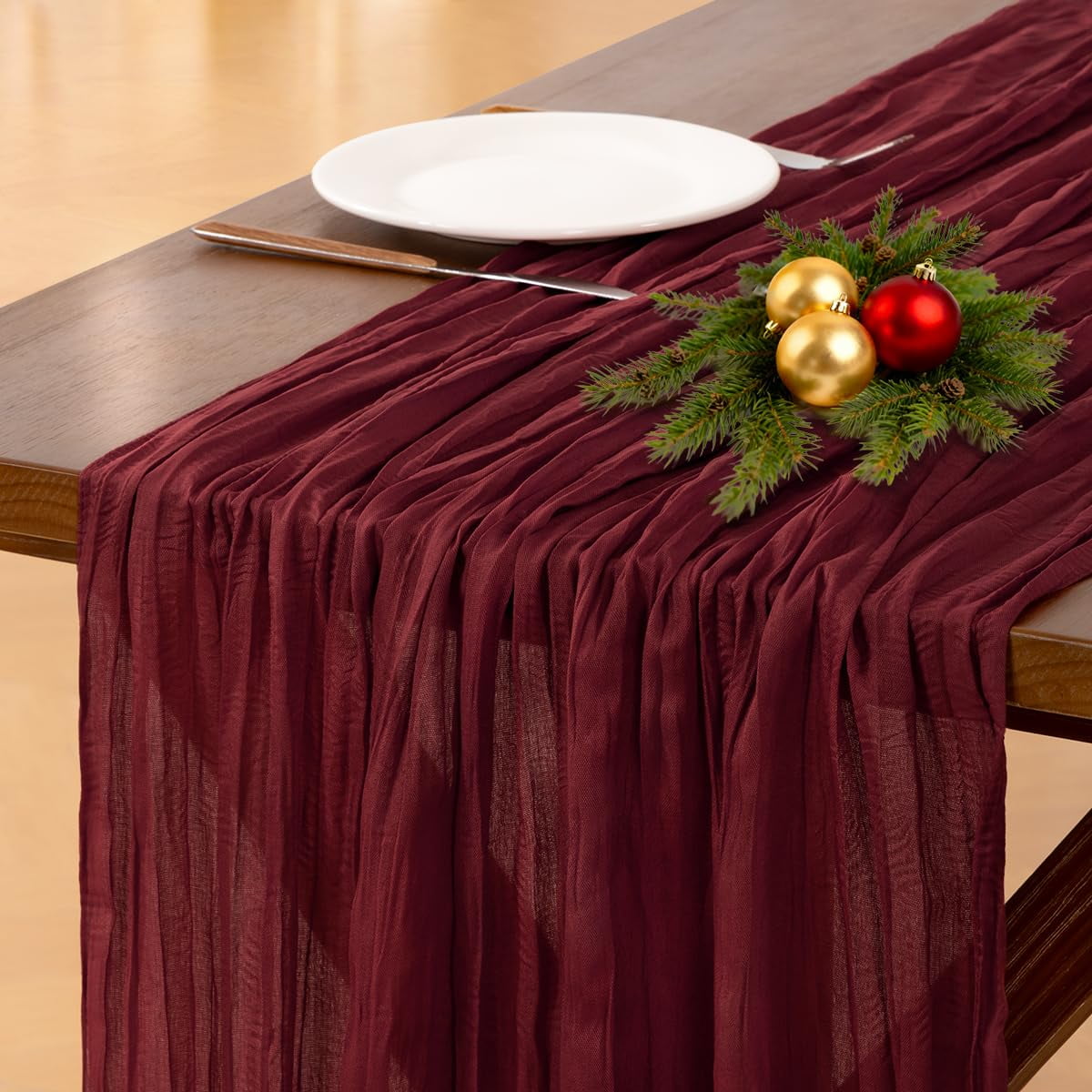 Burgundy Red Christmas Table Runner Cheesecloth Boho Rustic Gauze 120 ...