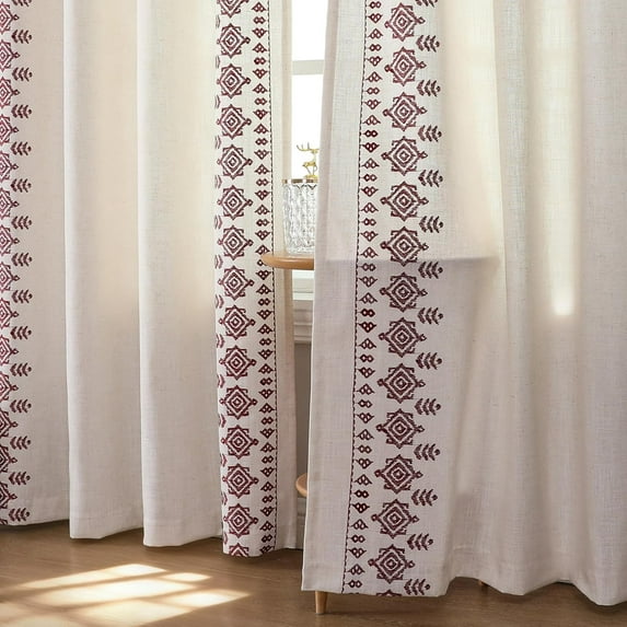 Burgundy Red Embroidered Linen Curtains 2 Panel Set 72" L x 50" W ...