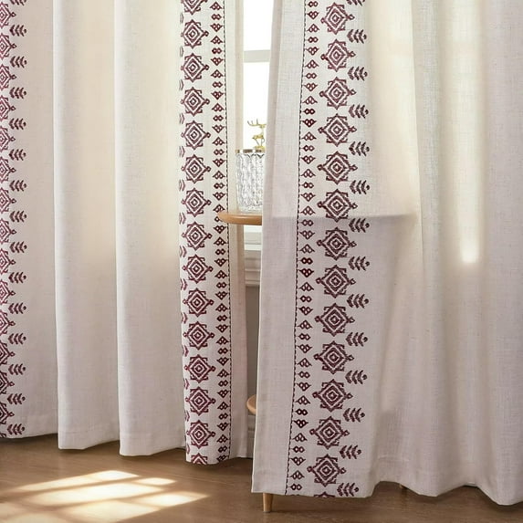 Burgundy Red Embroidered Linen Curtains 2 Panel Set 84" L x 50" W ...