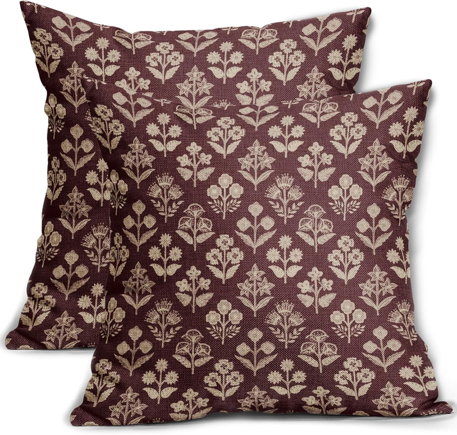 Burgundy Red Floral Pillow Covers 22x22 Inch Set of 2, Vintage Flower ...