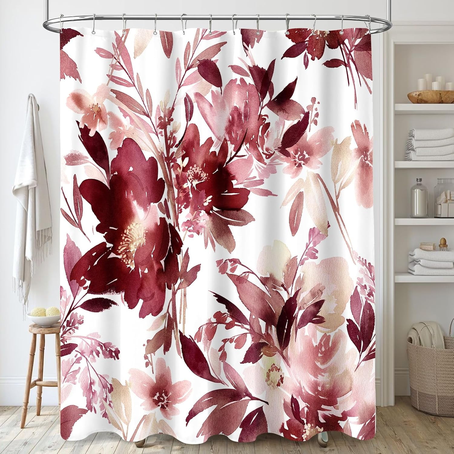 Burgundy Red Floral Shower Curtain, Watercolor Flower Shower Curtain ...