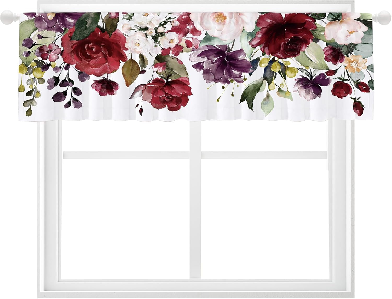 Burgundy Red Floral Valances for Windows Watercolor Flower Kitchen ...