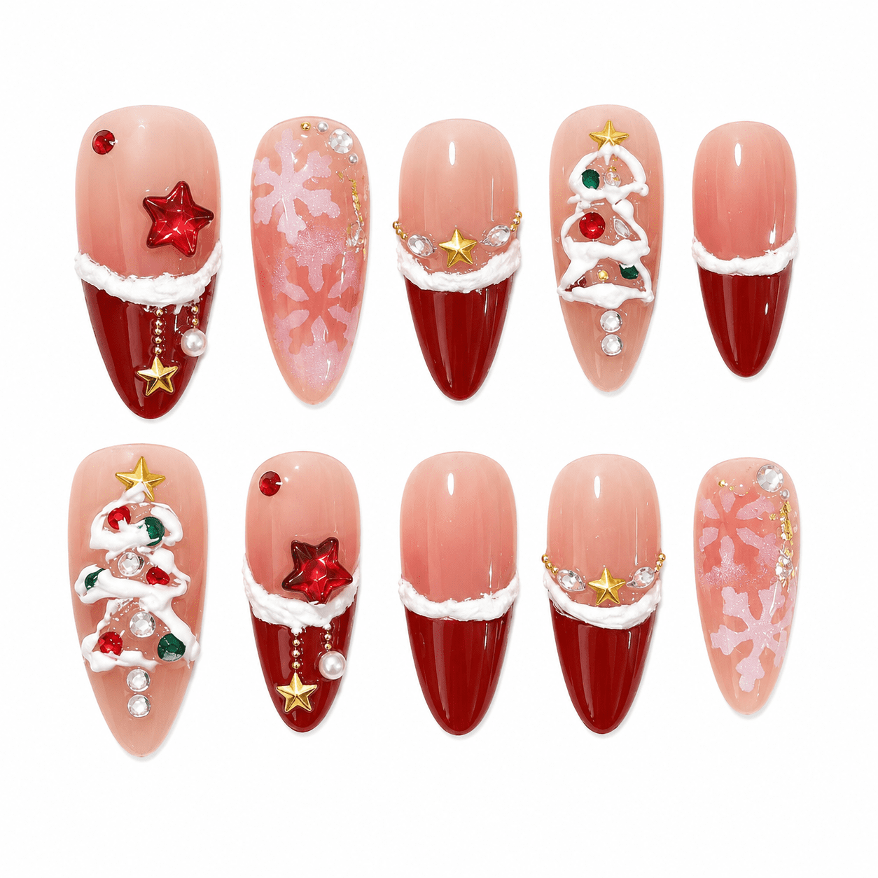 Burgundy Red French Tip Press on Nails, Medium Almond Glossy Holiday ...