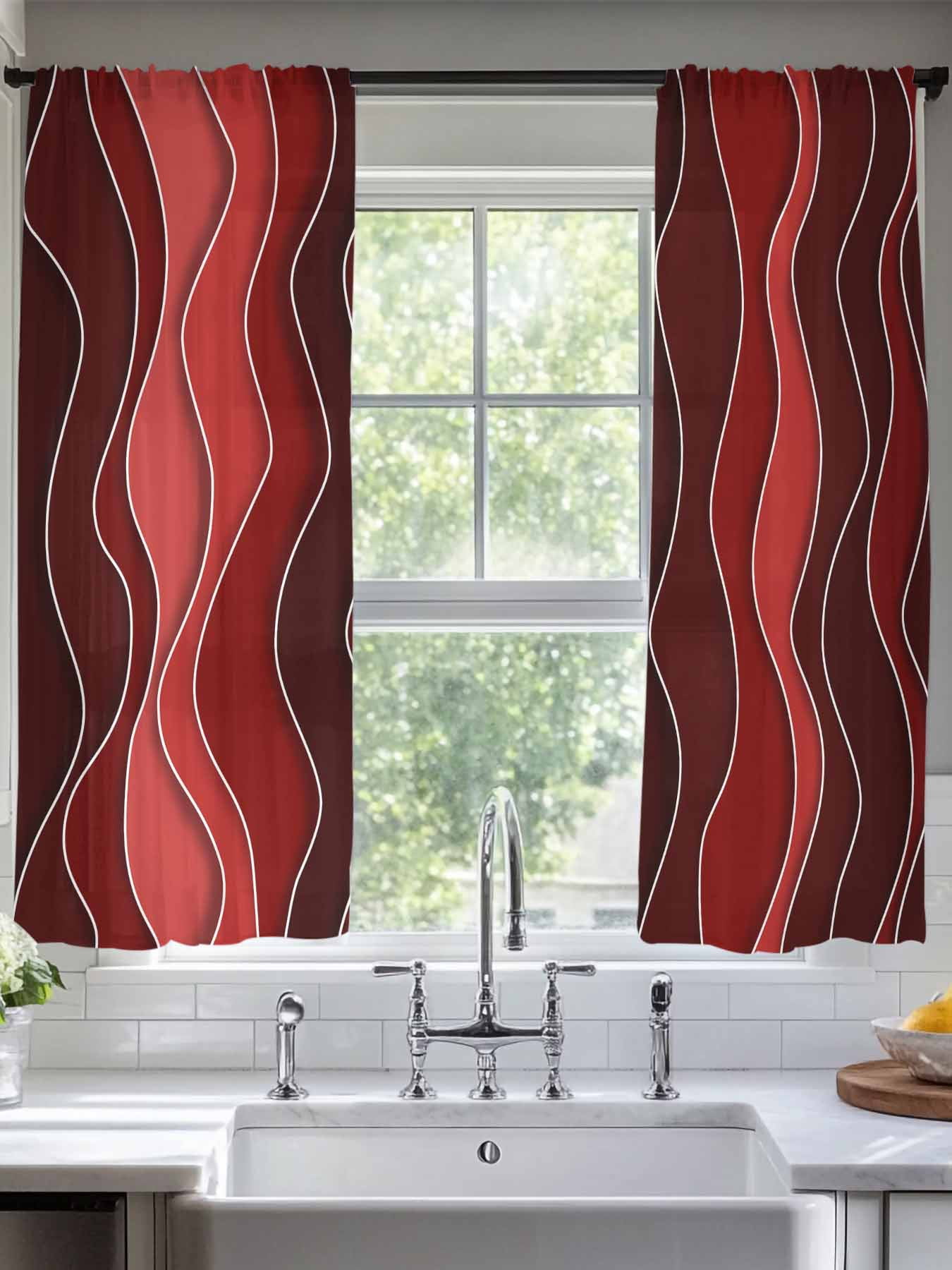 Burgundy Red Gradient Water Ripples Sheer Curtains 2 Panels Set ...