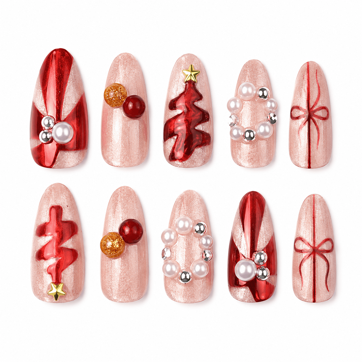 Burgundy Red Holiday Press on Nails, Medium Almond Cat Eye False Nails ...