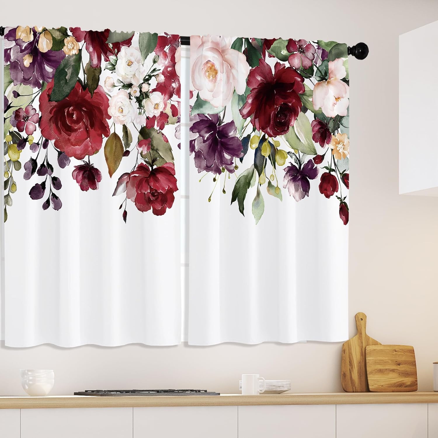 Burgundy Red Kitchen Curtains Rose Peony Spring Floral Flower Bathroom ...