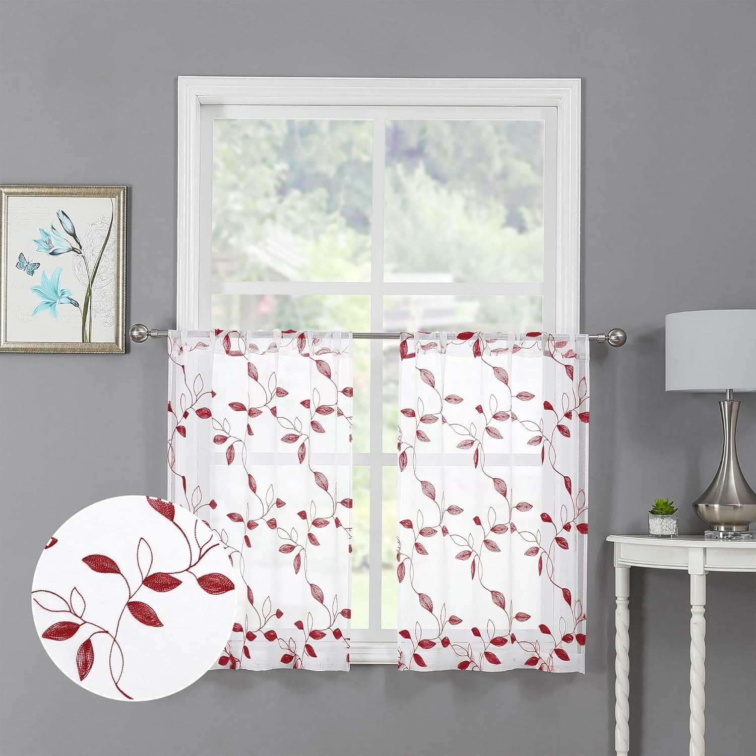 Burgundy Red Leaf Sheer Tier Curtain Leaves Embroidered Kitchen ...