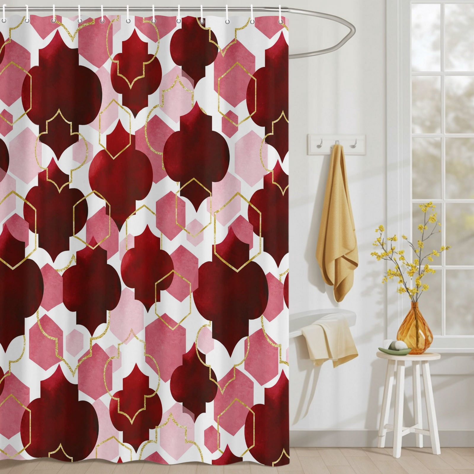 Burgundy Red Moroccan Texture Shower Curtain Set, Waterproof Shower ...