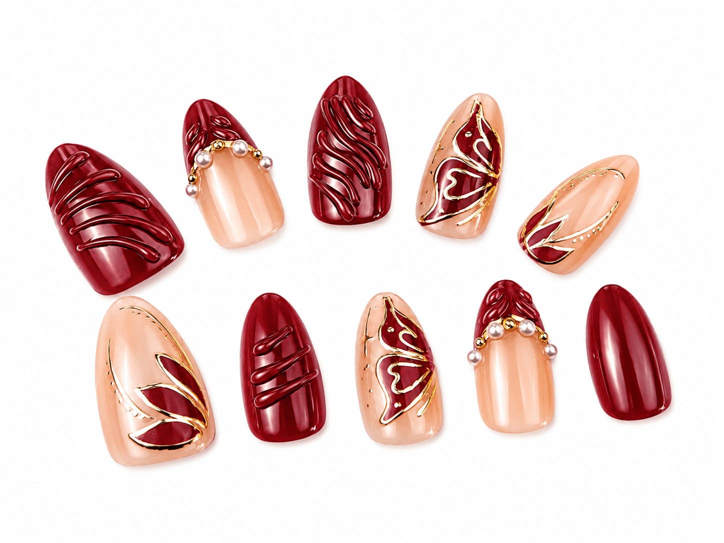Burgundy Red Press on Nails, Short Almond Glossy Cat Eye False Nails ...
