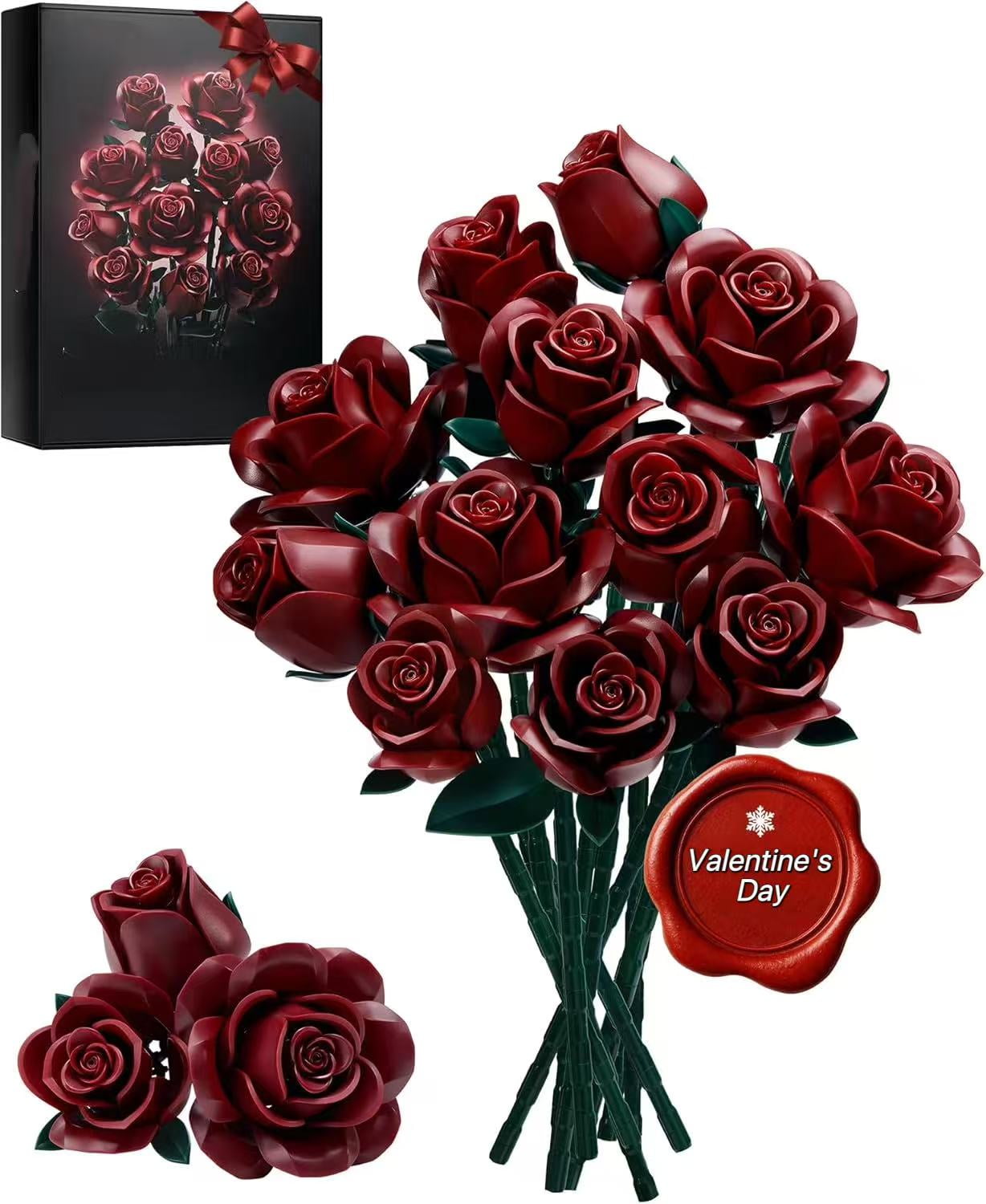 Burgundy Red Rose Bouquet Building Set, Artificial Flowers Botanical ...