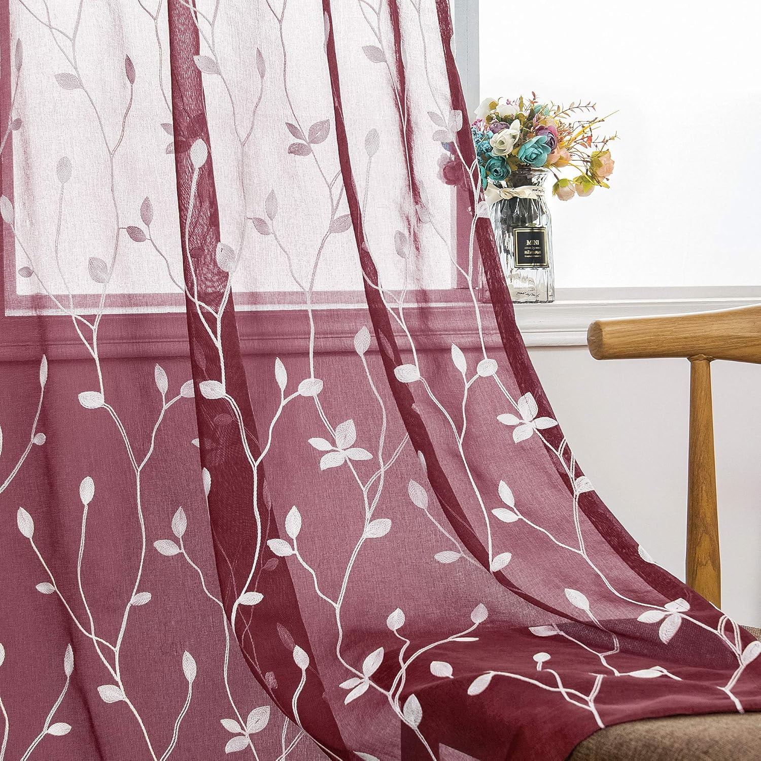Burgundy Red Voile Curtains with Embroidered Leaf Pattern, Semi Sheer ...