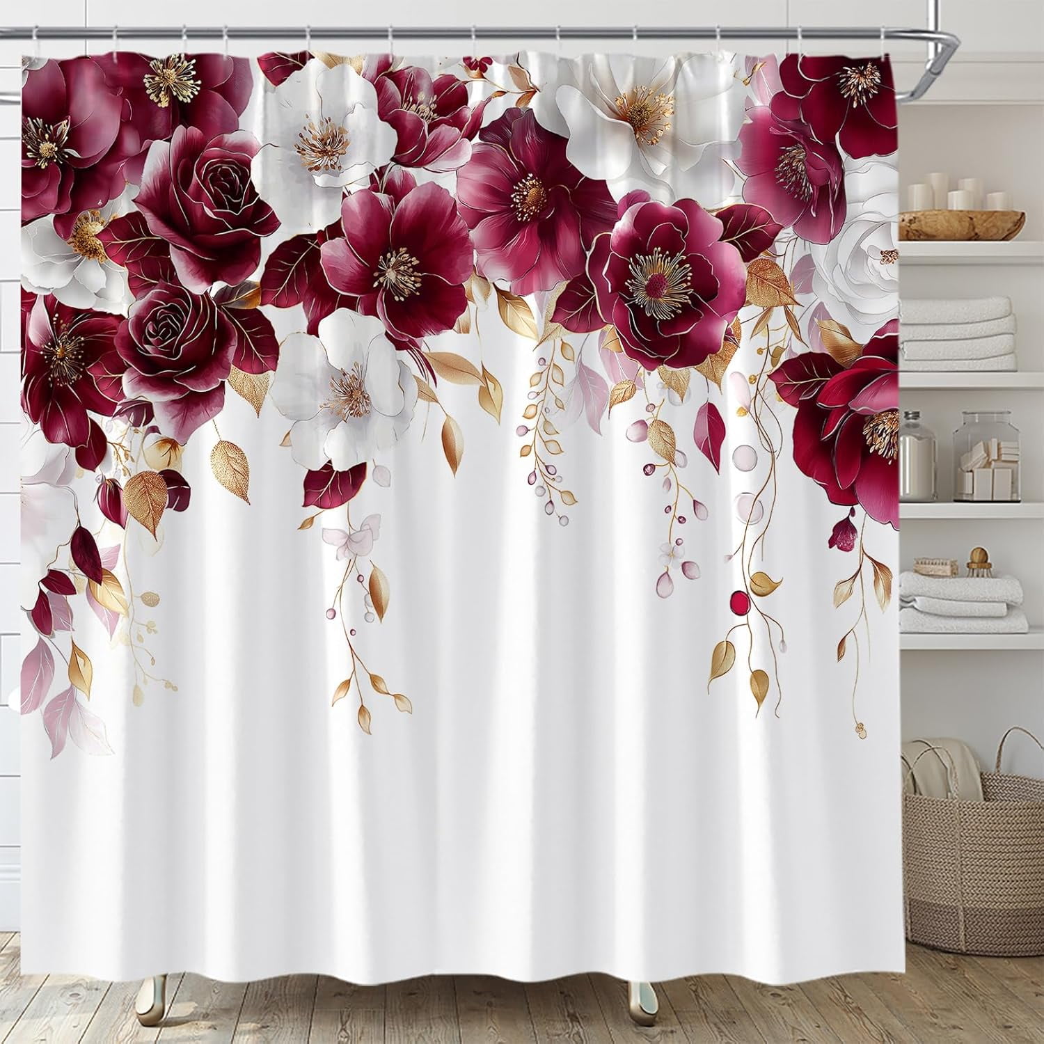Burgundy Red and White Floral Shower Curtain Burgundy Red Flower ...