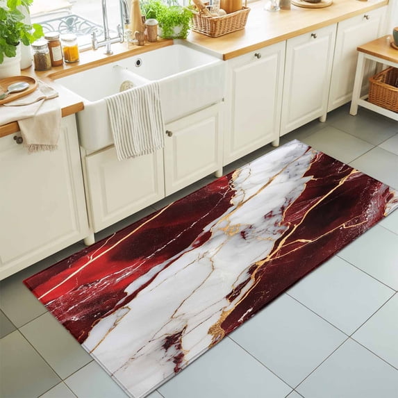 Burgundy Red White Marble Rectangle Rug 2'x6' Modern Abstract Stone ...