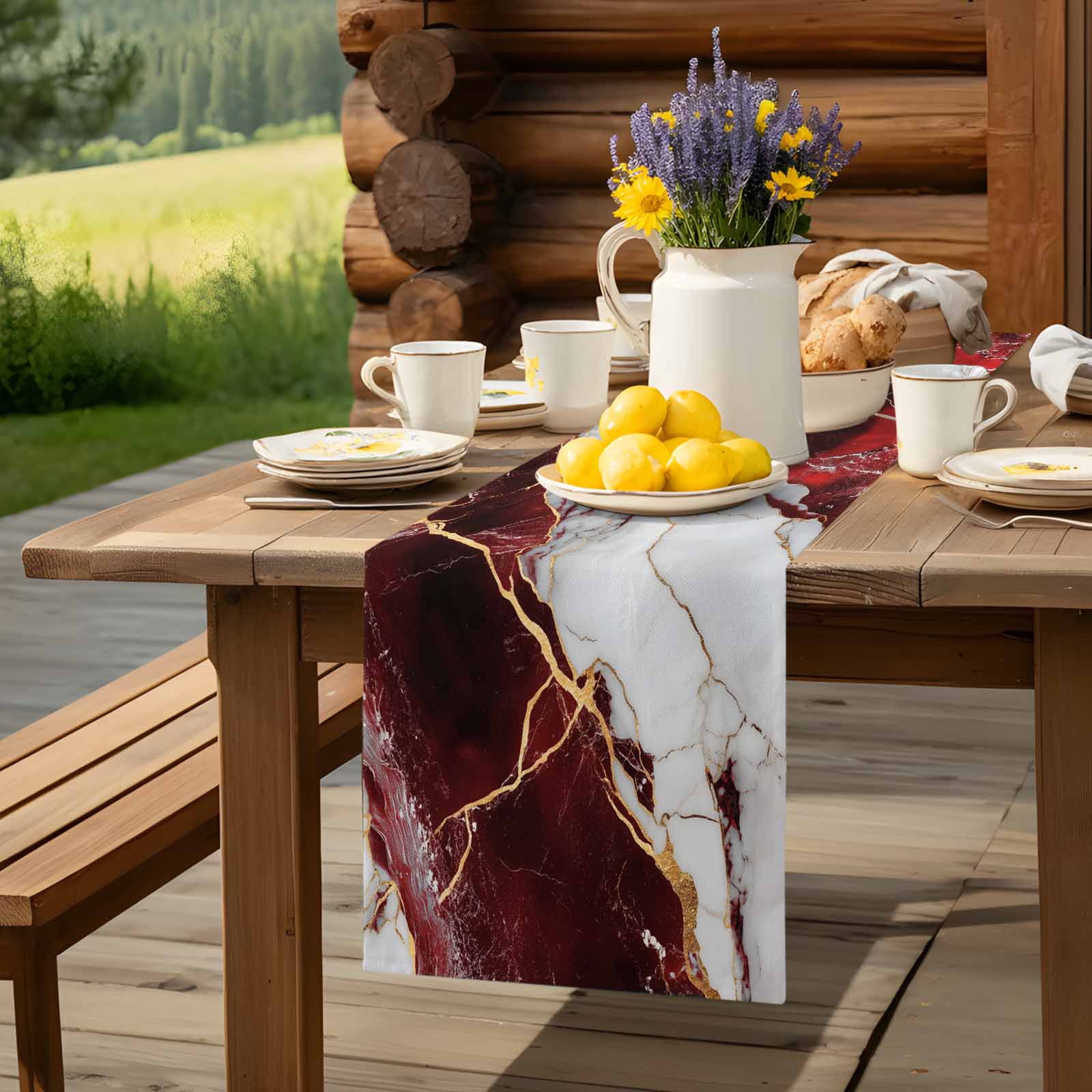 Burgundy Red White Marble Table Runner 60 Inch Long Modern Abstract ...