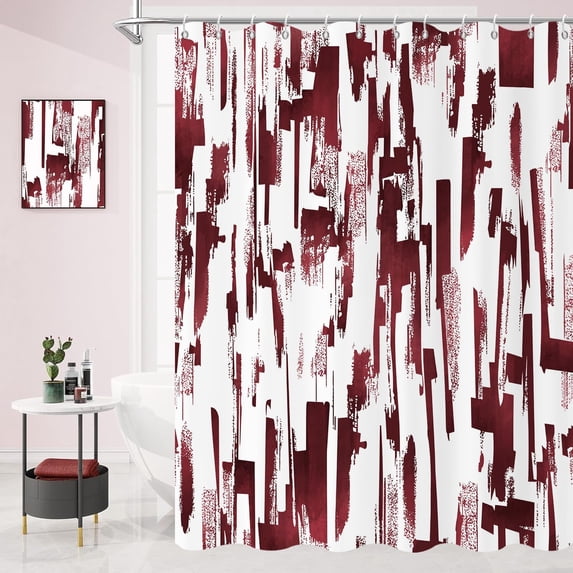 Burgundy Red and White Shower Curtain, Abstract Art with Brushstrokes ...