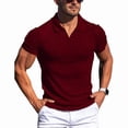 Burgundy Ribbed Knit Collared V-Neck Short Sleeve Polo Shirt For Men ...