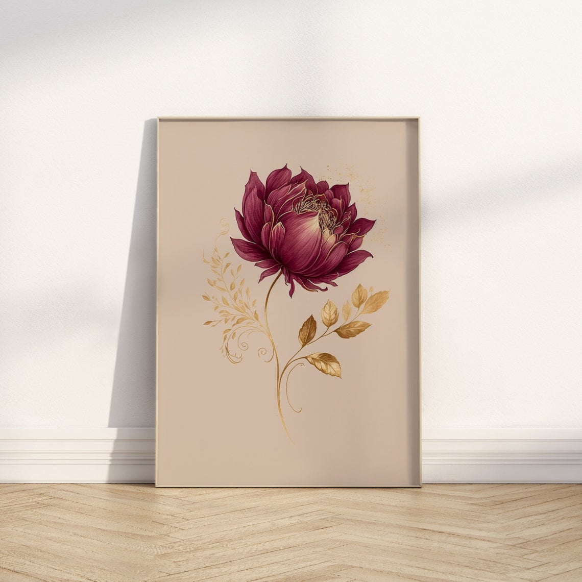 Burgundy Rose Boho Floral with Gold Filigree Art Unframed Paper Print ...
