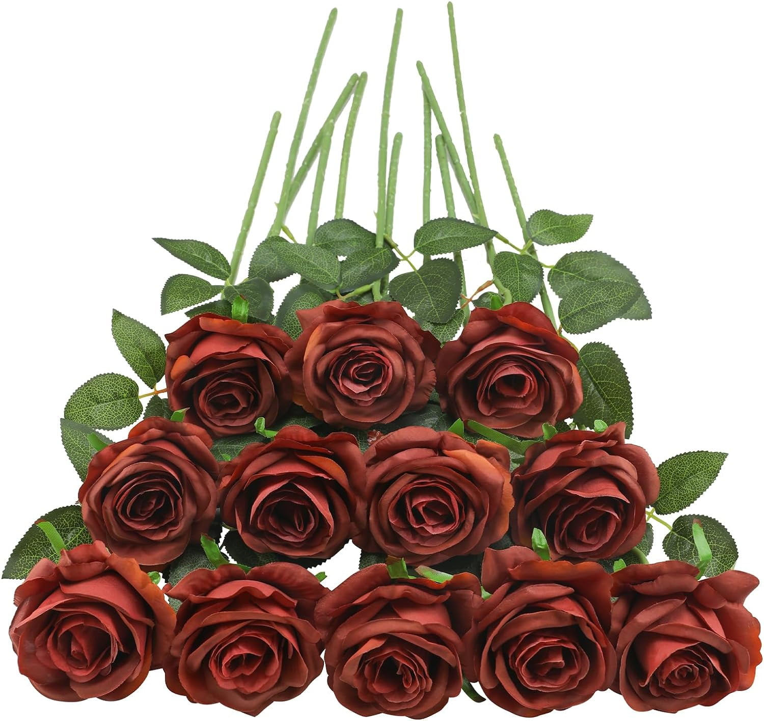 Burgundy Roses Artificial Flower, 12Pcs Realistic Long Single Stem Fake ...